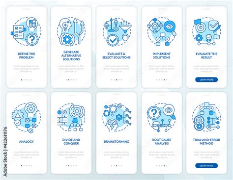Problem Solving Blue Onboarding Mobile App Page Screen With Concepts