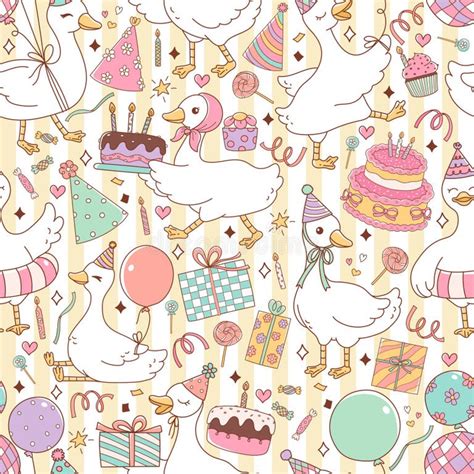 Happy Birthday Party Silly Goose Seamless Pattern Isolated On Yellow Long Stripes Stock Vector