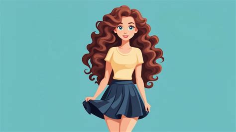 Beautiful Girl With Long Curly Hair Vector Illustration In Cartoon