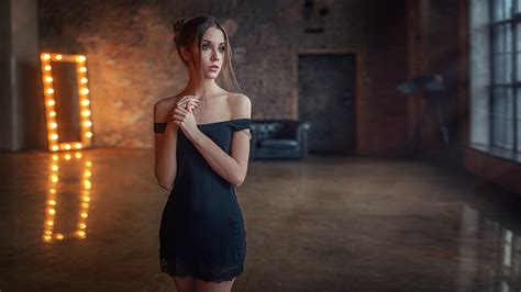 Wallpaper Women Model Straight Hair Long Hair Black Dress Bare