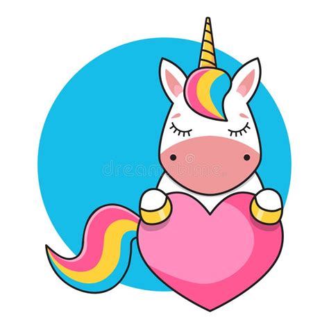 Cute Cartoon Unicorn Sticker The Unicorn Is Holding A Red Heart Stock