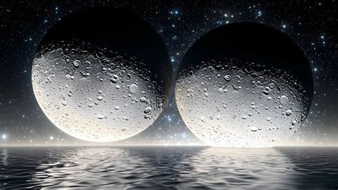 Surreal Twin Moons Reflecting On A Cosmic Sea Stock Illustration Illustration Of Horizon