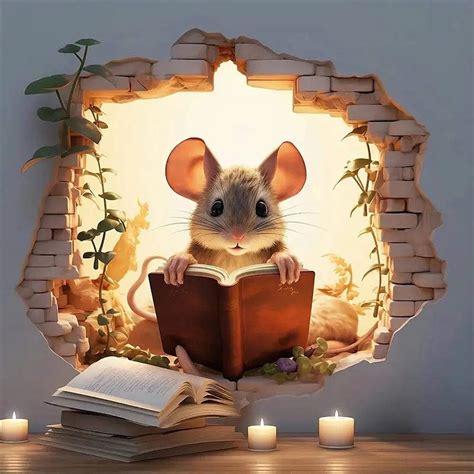 Mouse In Mousehole Sticker Cracked Wall Mouse Reading Decor Etsy