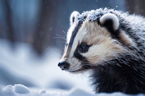 Badger Cub In Snow Winter Condition In The Forest Badger In The