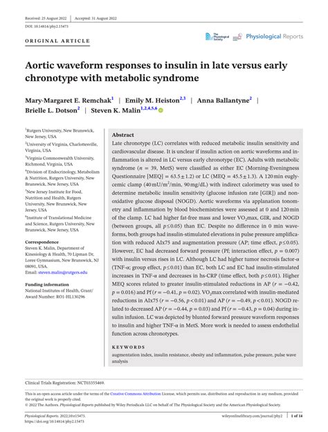 Pdf Aortic Waveform Responses To Insulin In Late Versus Early