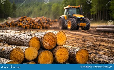 Logging Operation With Loader And Timber Stacks Stock Image 343204051