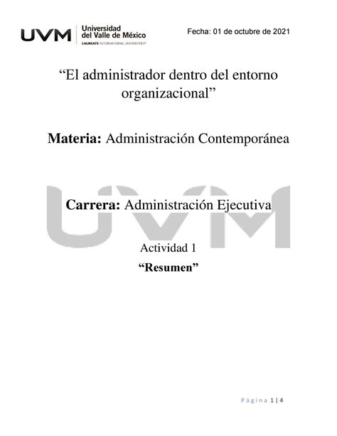 actividad 1 resumen administración contemporánea UVM Studocu