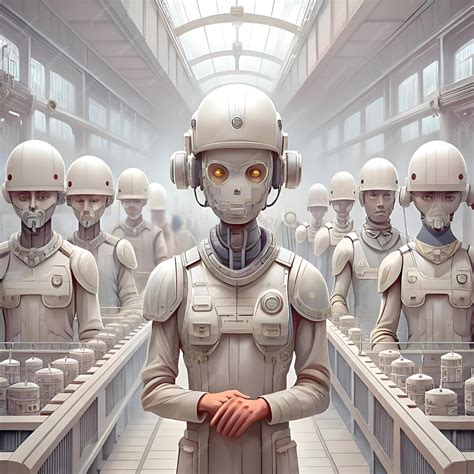 A Line Of Humanoid Robots Stands On A Futuristic Assembly Line Their White Uniforms And Robotic