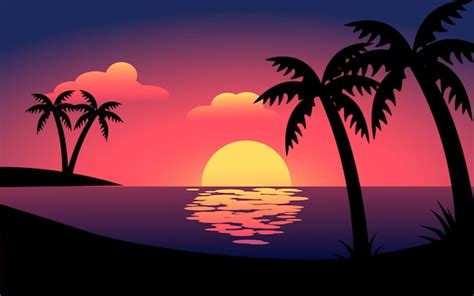 Paisaje De Playa Plana Al Atardecer Con Palmeras Vector Premium