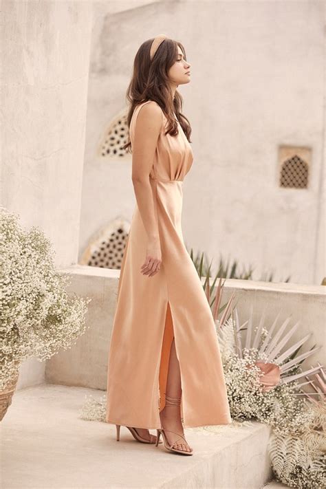 Champagne Satin Dress Mock Neck Maxi Dress Sleeveless Dress Lulus