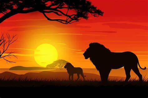 Premium Ai Image A Silhouette Of A Lion And A Lioness At Sunset