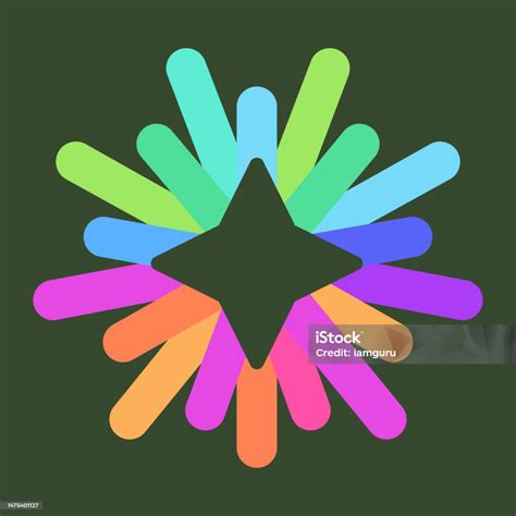 무지개 선이 있는 4개의 뾰족한 별은 기호 주위에 광선을 선보입니다 미니멀리스트 야간 표지판 플랫 등급 수상 벡터 아이콘입니다 벡터 그림입니다 0명에 대한 스톡 벡터 아트