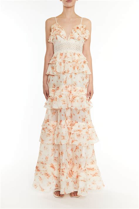 Sophia Cream Orange Floral Plunge Front Tiered Ruffle Maxi Dress True
