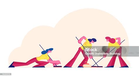 女子運動隊玩冰壺遊戲掃冰用特殊刷子和推花崗岩石頭的目標戰術遊戲體育比賽女孩在溜冰場競技場卡通平面向量插圖向量圖形及更多人圖片 Istock