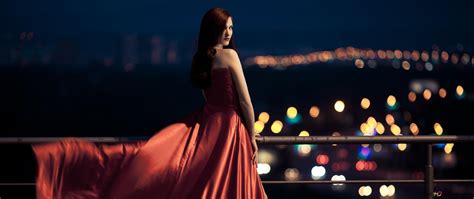 Chestnut Long Hair Woman In Long Dress With Blurred City Lights View K Wallpaper Download