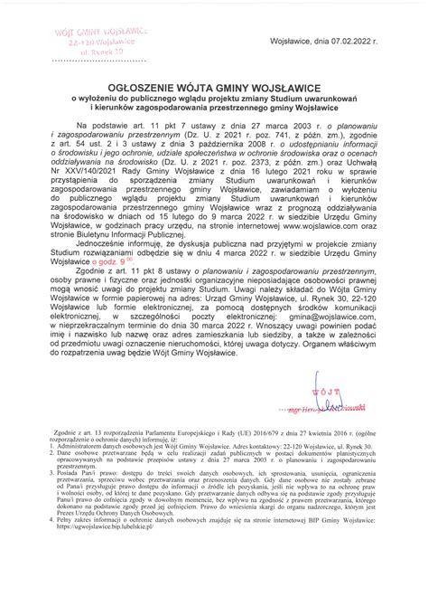 Og Oszenie O Wy O Eniu Do Publicznego Wgl Du Projektu Zmiany Studium Uwarunkowa I Kierunk W