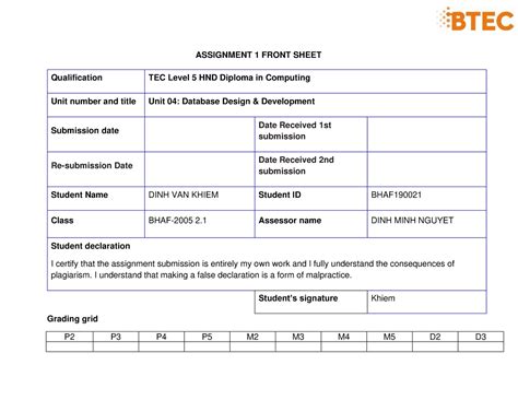 Asm2 Assignment 1 Front Sheet Qualification Tec Level 5 Hnd Diploma