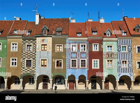 Facades Of Historic Houses On The Old Market Square In Poznan Stock