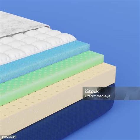 파란색으로 분리된 5겹 안에 있는 통기성 매트리스의 근접 촬영 매트리스 프로텍터 코튼 패브릭 메모리폼 천연 파라라텍스 고무 편안한 침대 광고 3d 렌더 클리핑 경로