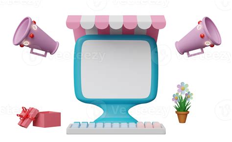 Computer With Shop Store Front Megaphone Hand Speaker Isolated