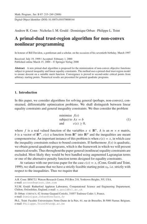 Pdf A Primal Dual Trust Region Algorithm For Non Convex Nonlinear