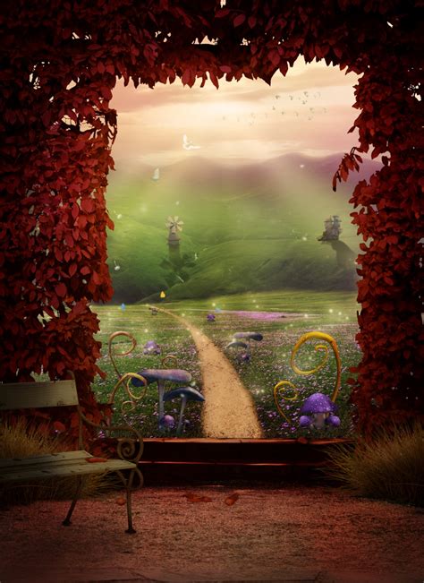 무료 이미지 공상 경치 산들 목초지 방지책 폭포 풍차 비슷한 것 꽃 초원 통로 버섯 조류 조명 동화