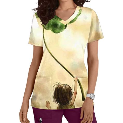 Jsaierl Womens Scrubs Happy St Patrick S Day Scrub Tops Women Lucky Four Leaf Clover Print