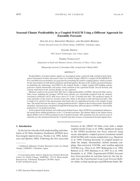 Pdf Seasonal Climate Predictability In A Coupled Oagcm Using A