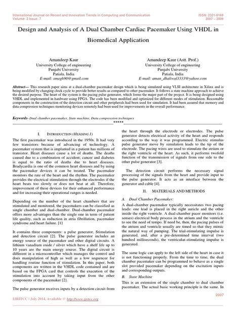 design and analysis of a dual chamber cardiac pacemaker using vhdl in biomedical application