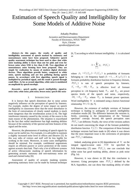 Pdf Estimation Of Speech Quality And Intelligibility For Some Models