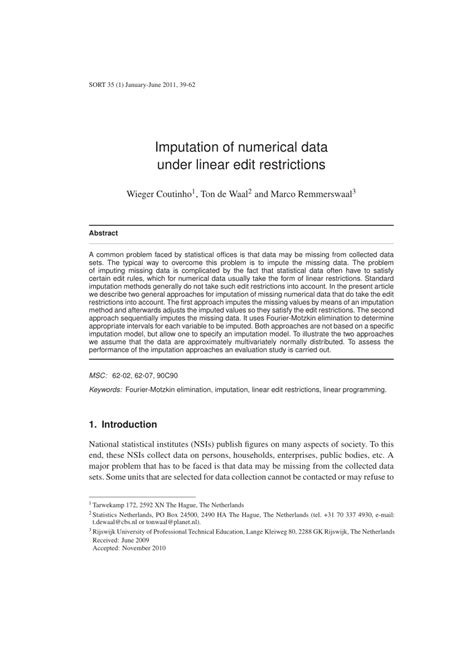 Pdf Imputation Of Numerical Data Under Linear Edit Restrictions