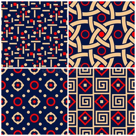 Seamless Backgrounds Blue Beige And Red Classic Sets With Geometric Patterns Stock Vector