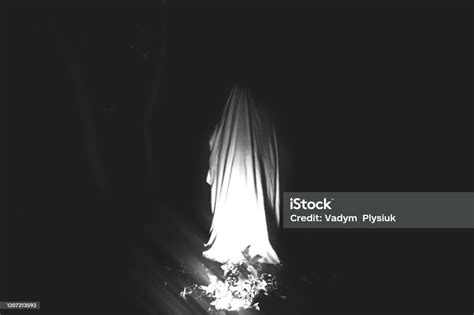 야외에서 밤에 유령 할로윈 의상 아이디어입니다 공포 영화 개념입니다 숲에서 무서운 것들 모든 성도 이브의 가을 축제 흑백 사진입니다 10월에 대한 스톡 사진 및 기타 이미지