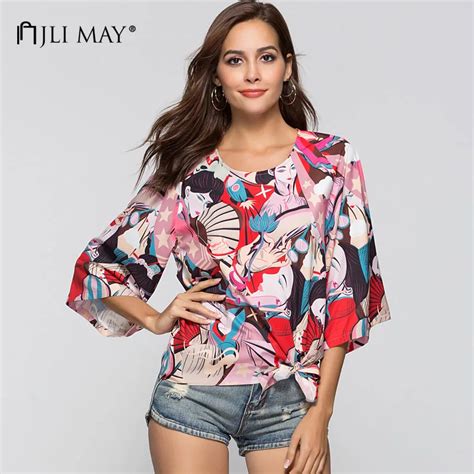 Jli May Summer Printed Feminine Blouse Women Shirt Round Collar Lace Up