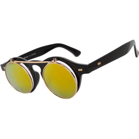 Flip Up C10 Round Eyewear Sunglasses Plastic Round Circle Black Frame