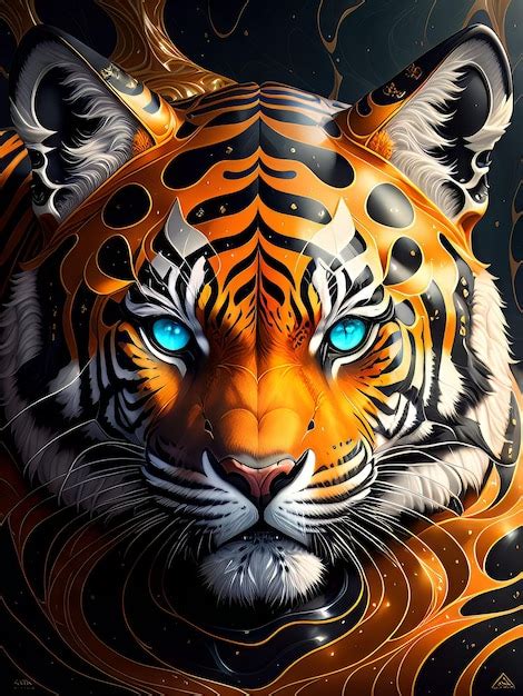 Poster Tigre De Olhos Azuis E Flores Cor De Rosa Delicie Se O