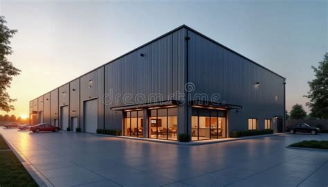 Modern Warehouse Exterior At Sunset Sleek Gray Metal Cladding Large