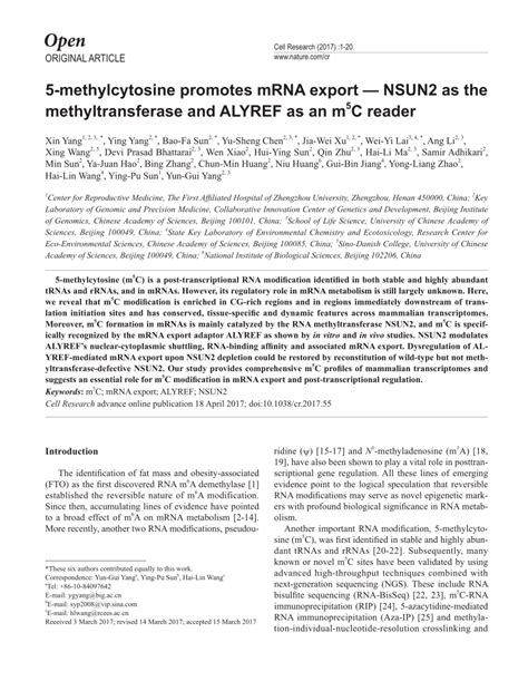 Pdf 5 Methylcytosine Promotes Mrna Export — Nsun2 As The Methyltransferase And Alyref As An