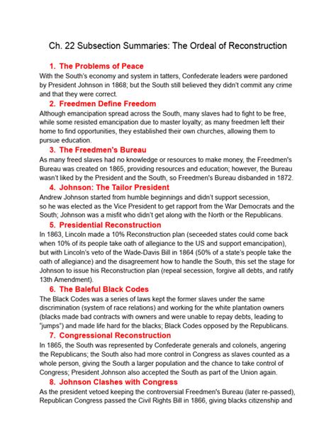Ch 22 Subsection Summaries 18 Sections In The Chapter Pdf Reconstruction Era Andrew Johnson