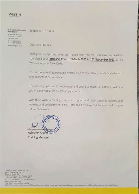 Ankit Kumar On Linkedin I Successfully Completed My Internship At The Westin Hotel Gurgaon ️