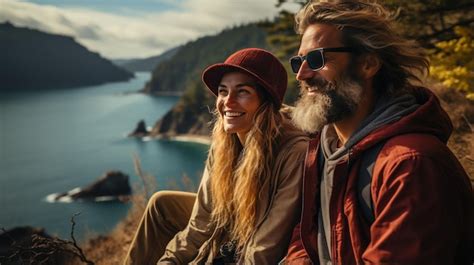Couple Of Hikers Sitting At The Edge Of A Cliff And Looking At The Sea