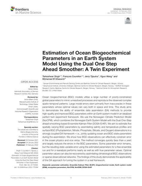 Pdf Estimation Of Ocean Biogeochemical Parameters In An Earth System Model Using The Dual One