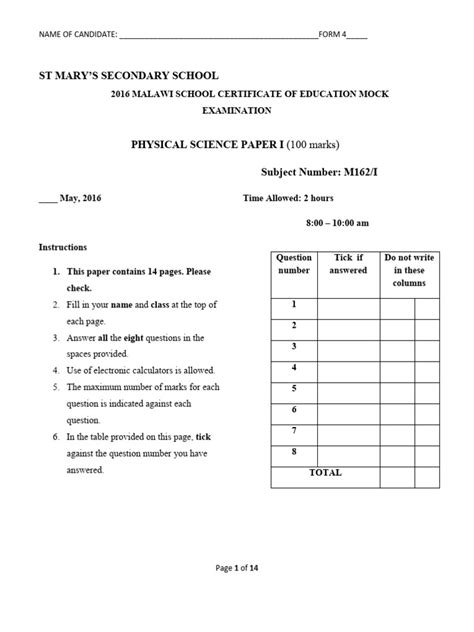 2016 St Marys Msce Mock Paper I Pdf Nitrate Zinc