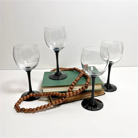 Vintage Black Stem Wine Glasses Set Of Four Glassware Etsy