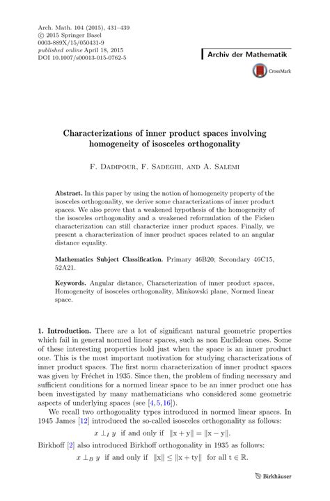 Pdf Characterizations Of Inner Product Spaces Involving Homogeneity Of Isosceles Orthogonality