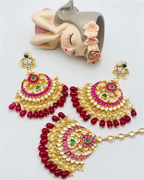 Maroon Pachi Kundan Earrings Tikka Set Simzdesignzz Simz Designz