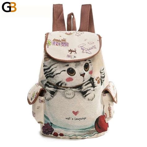 Cute Canvas Cat Printed Backpack With Drawstring For Women And Teenage G