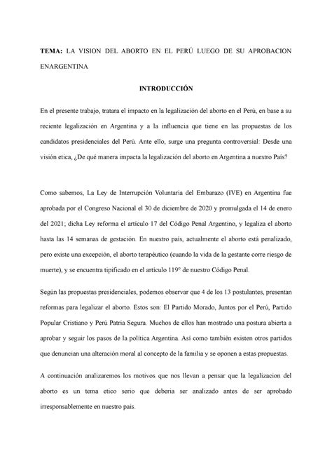 TEMA Legalización DEL Aborto EN EL PERÚ TEMA LA VISION DEL ABORTO EN EL PERÚ LUEGO DE SU