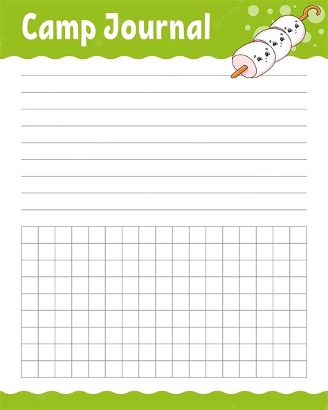 캠프 저널을 위한 줄이 그어진 시트 템플릿 필기 용지 다이어리 플래너 체크리스트 위시리스트 귀여운 캐릭터 벡터 일러스트 프리미엄 벡터