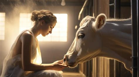 Premium Photo Girl Farmer Tending Cows In The Barn Modern Farm Life